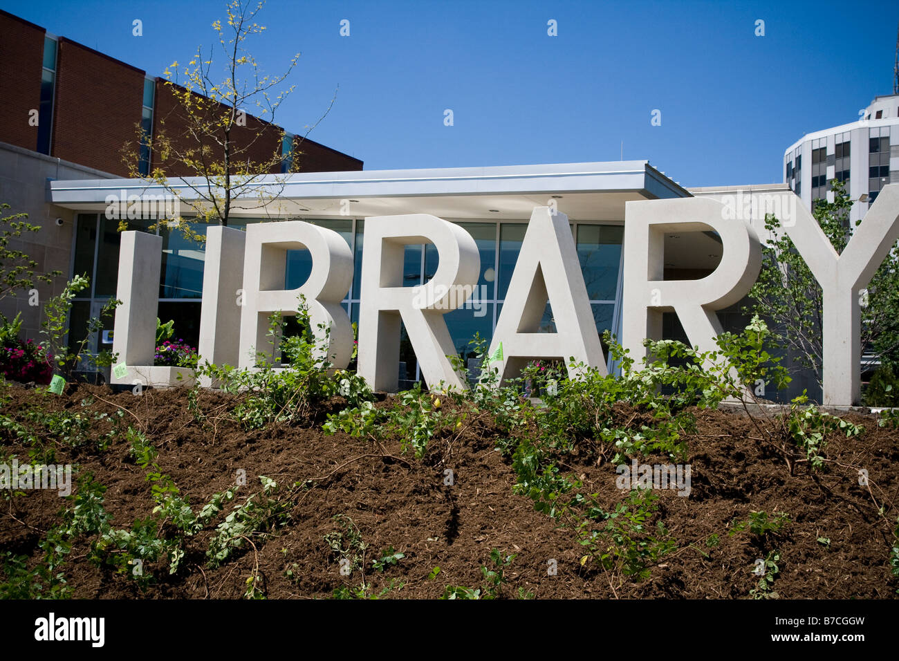 New modern library sign outside the Champaign Illinois public library ...