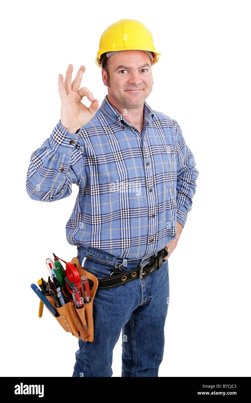 Authentic construction worker giving the A okay sign for success ...
