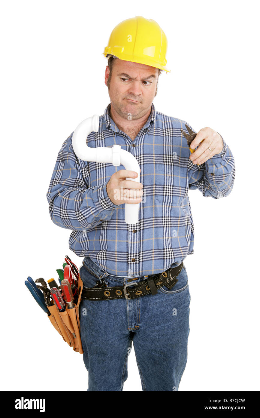 Electrician confused by plumbing job Isolated on white Stock Photo - Alamy