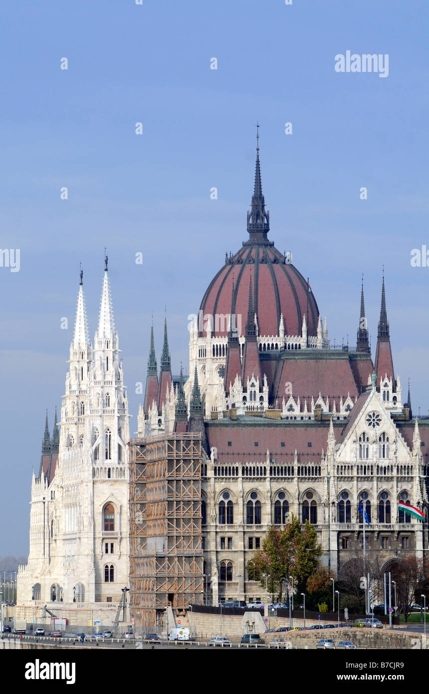 A vertical view of the Hungarian parliament. It's an architectural and ...