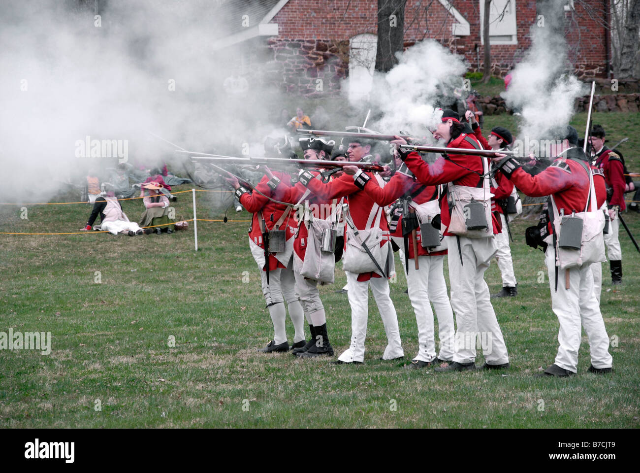 British soldiers shooting their rifles during an American Revolution ...