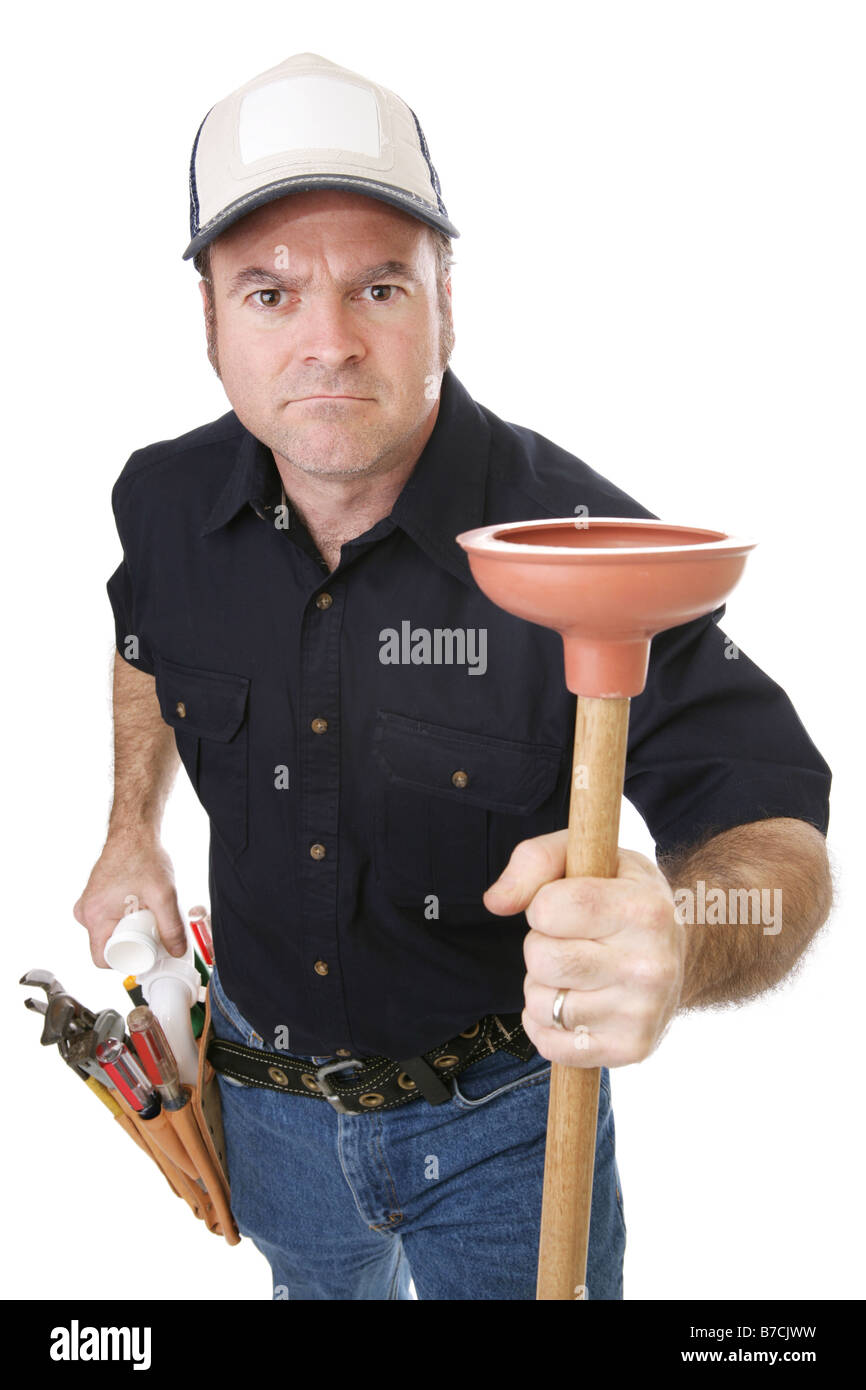 Serious plumber ready to tackle tough plumbing problems Isolated on ...