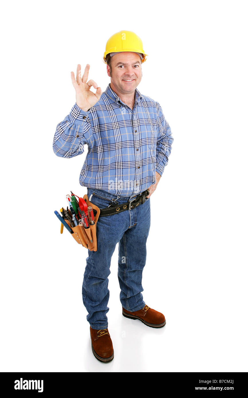 Authentic construction worker giving the a okay sign with his fingers ...