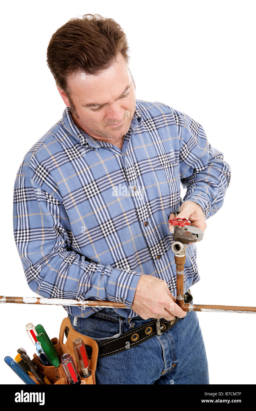 Plumber working on a copper pipe Isolated on white Stock Photo - Alamy
