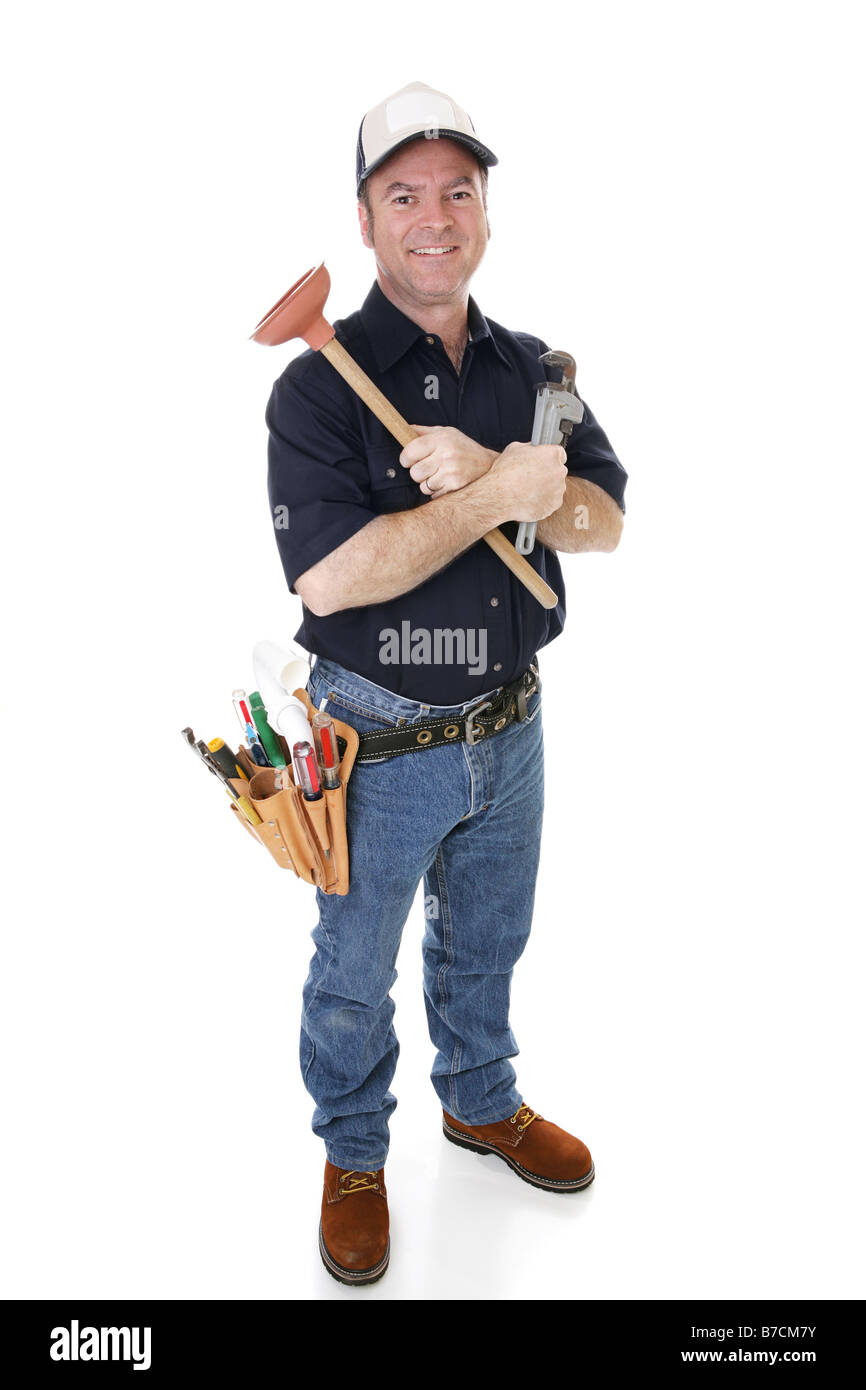 Friendly plumber with his tools Full body isolated on white Stock Photo ...
