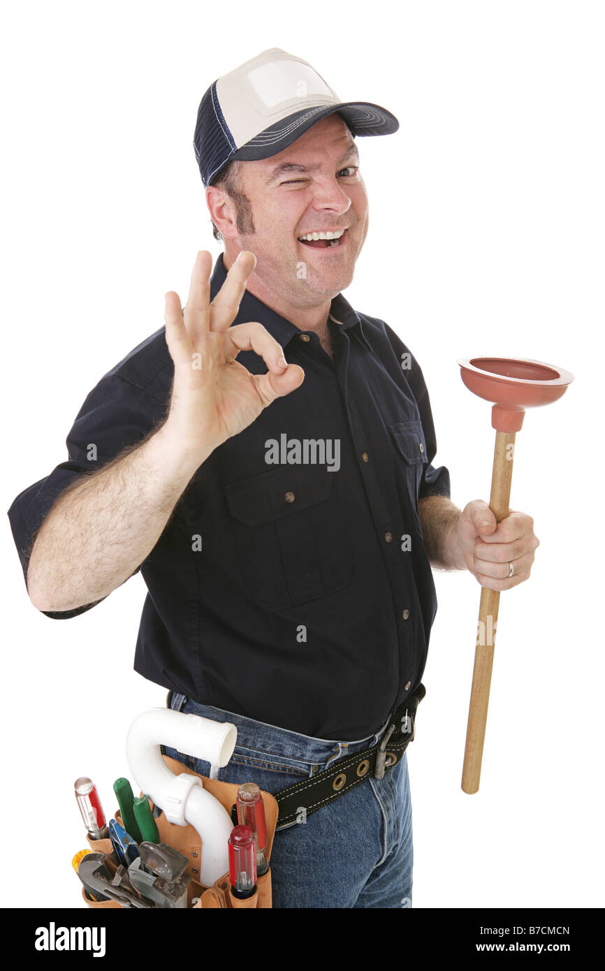 Plumber winking and giving the okay sign Isolated on white Stock Photo ...