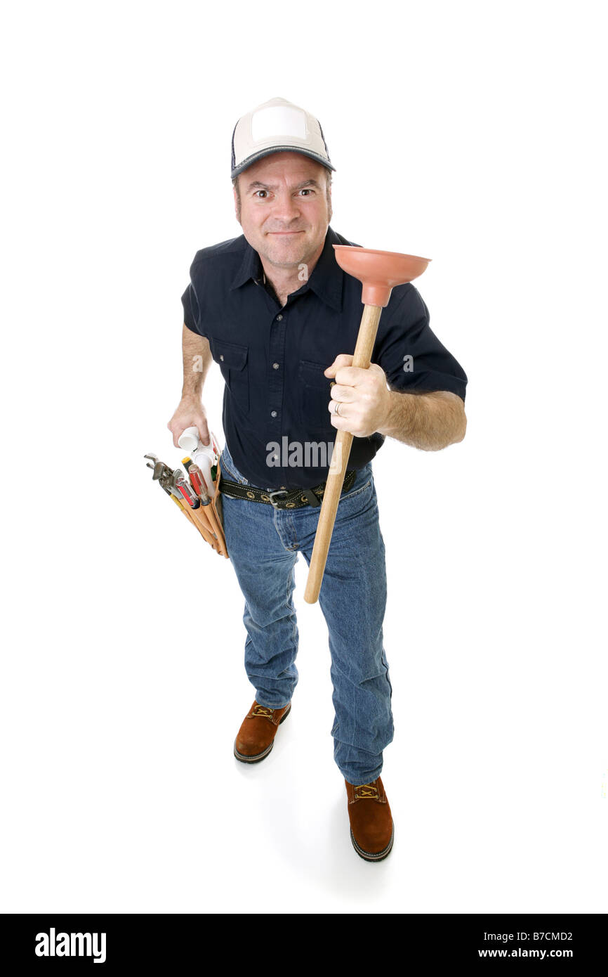 Plumber has plunger ready for your plumbing problems Full body isolated ...