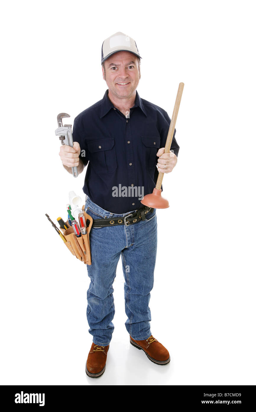 Plumber with his tools Full body isolated on white Stock Photo - Alamy