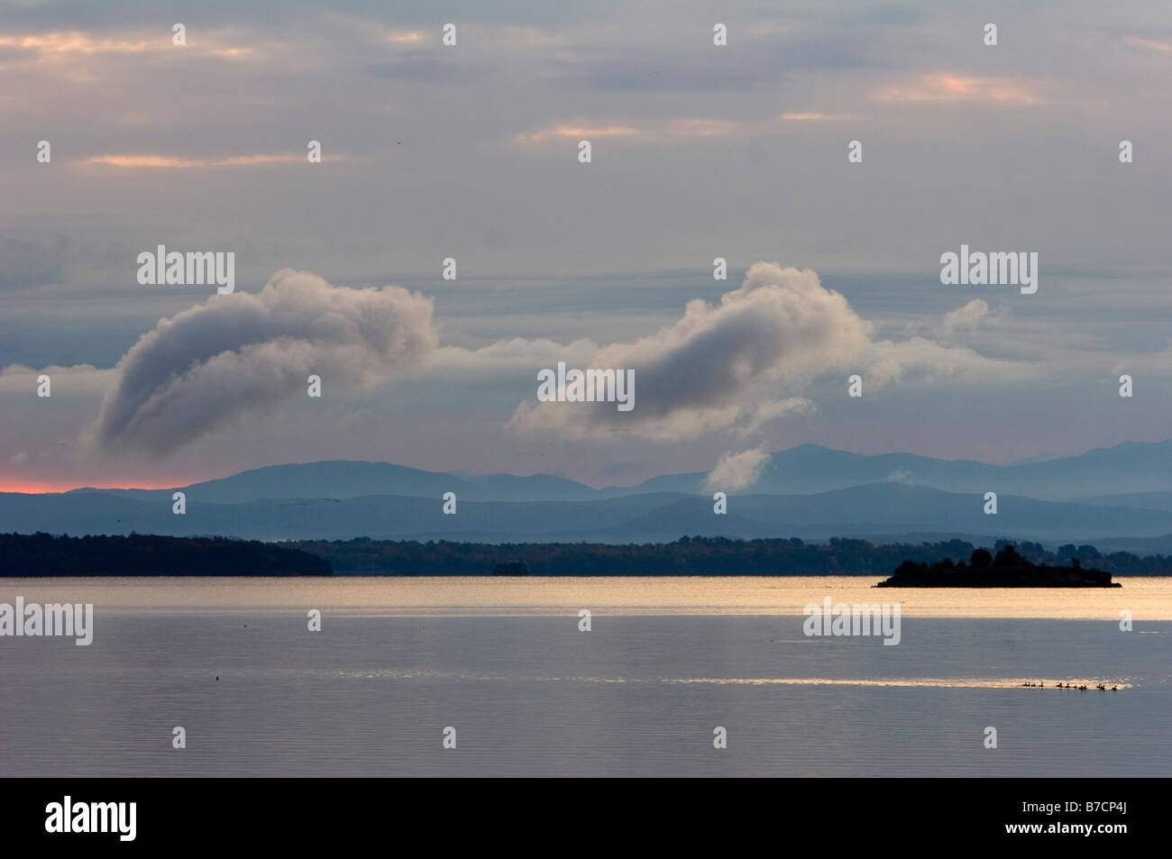 Morning clouds float over Lake Champlain in upstate New York at dawn ...