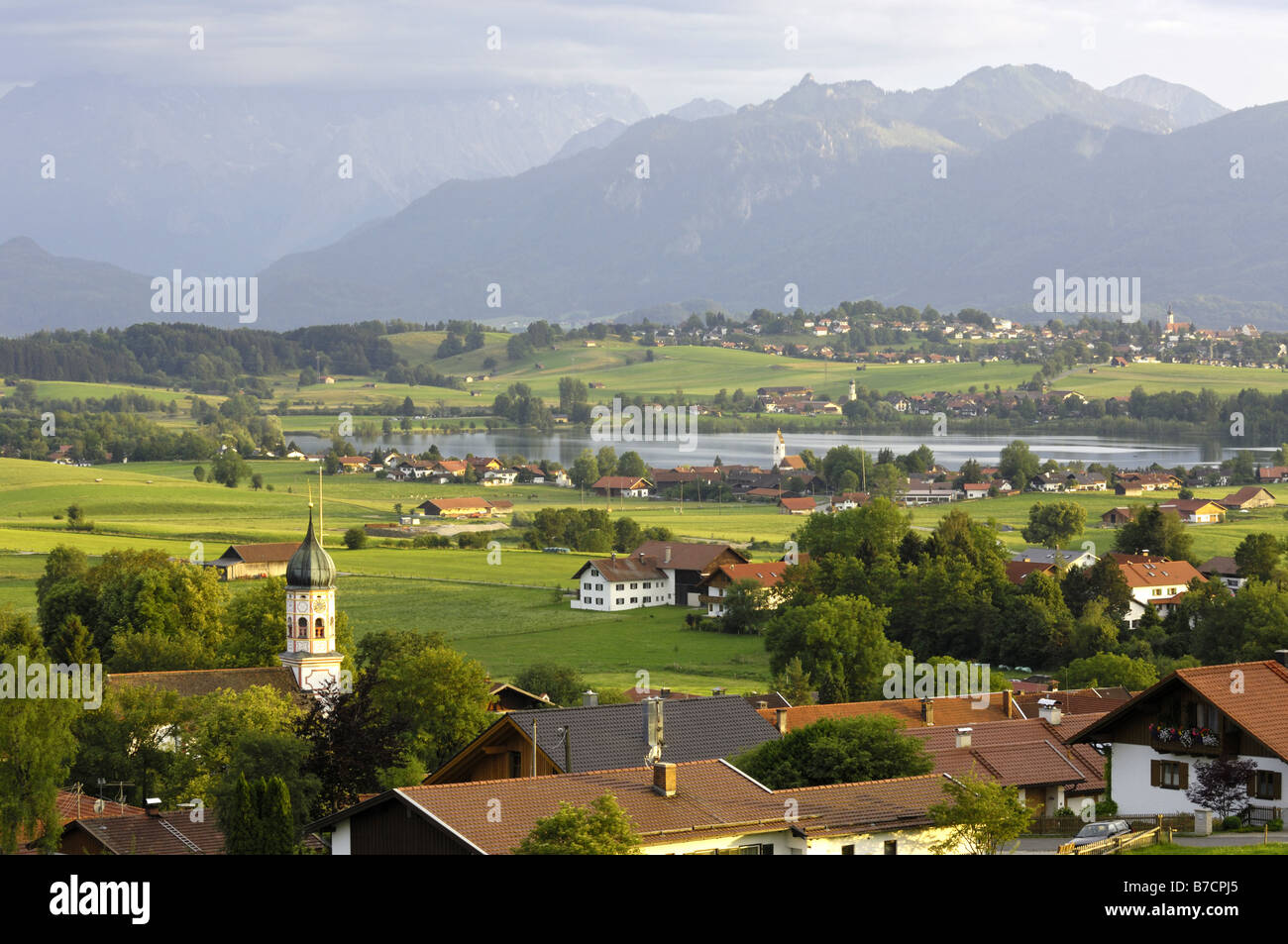 view from Aidlinger Hoehe, in the foreground the village Aidling, in ...