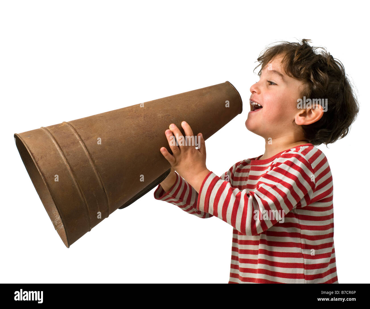 young boy with an old megaphone isolated on white Stock Photo - Alamy