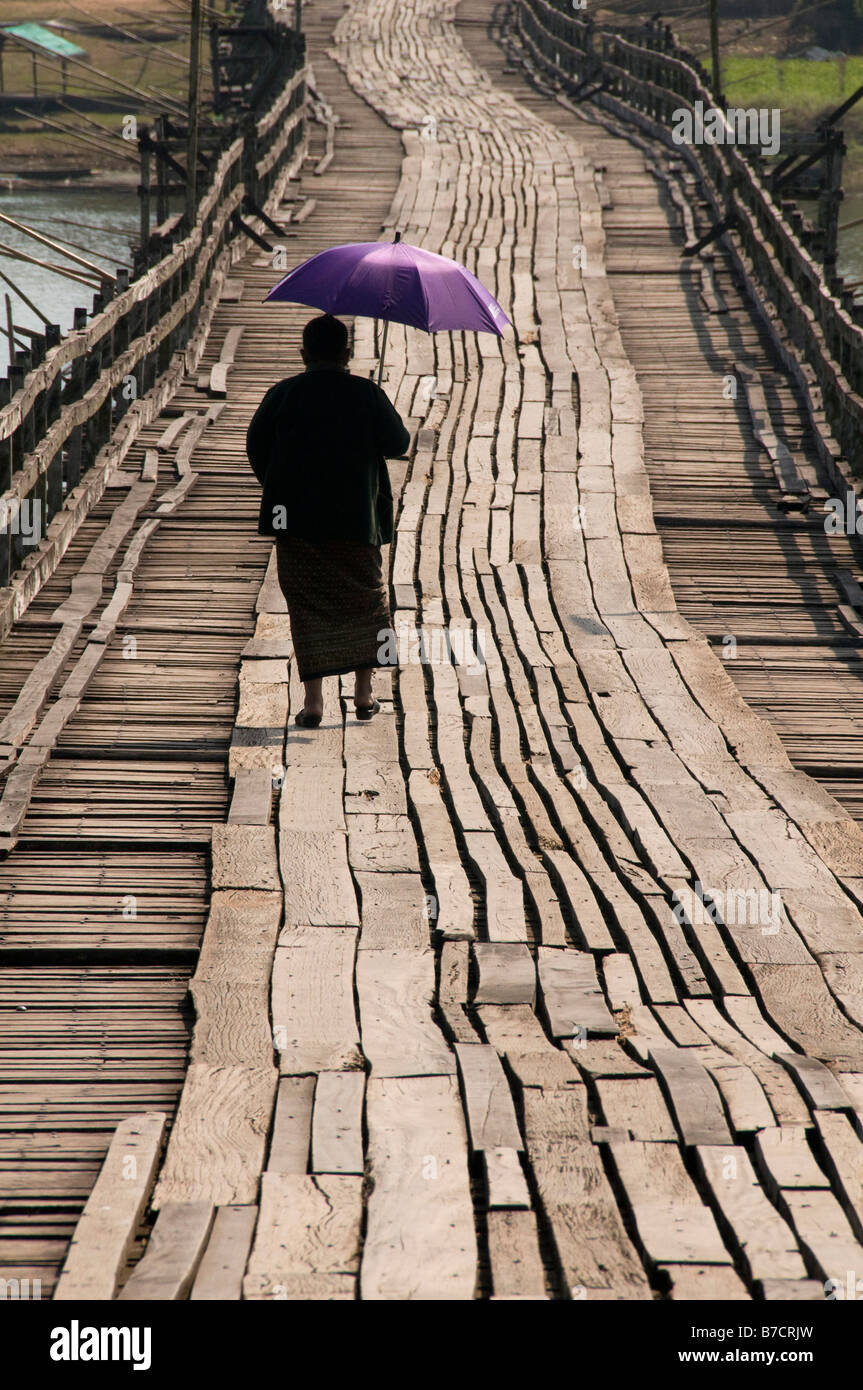long wooden teak bridge near the Burmese border in Sangkhlaburi ...