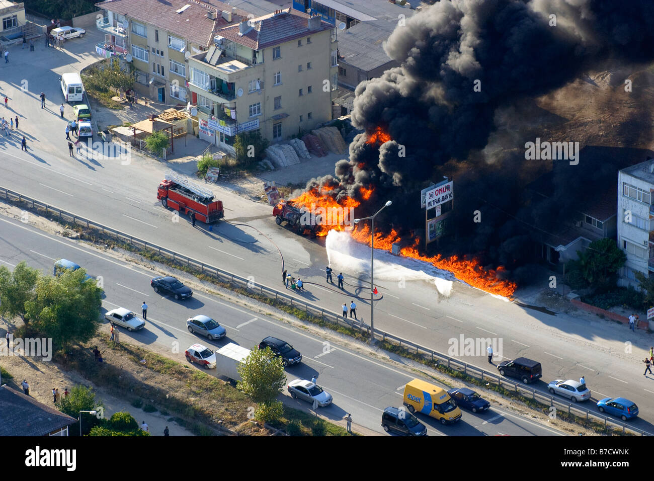 Aerial view of a truck on fire in Buyukcekmece Istanbul Turkey Stock ...