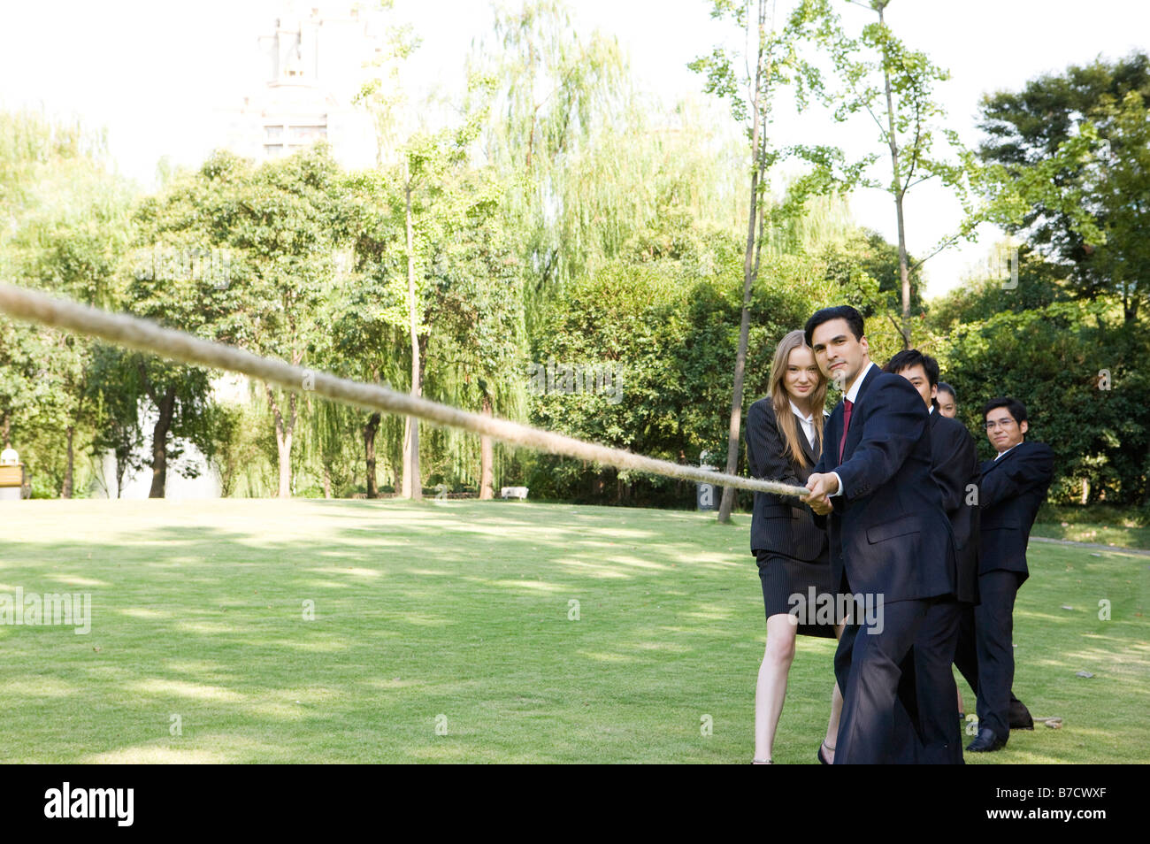 Five business people pulling a rope on the lawn Stock Photo - Alamy