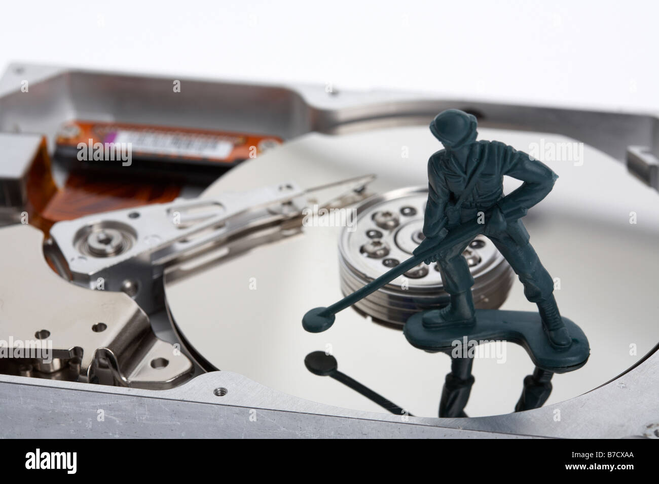 toy soldier minesweeper sweeping platter of open computer hard drive ...