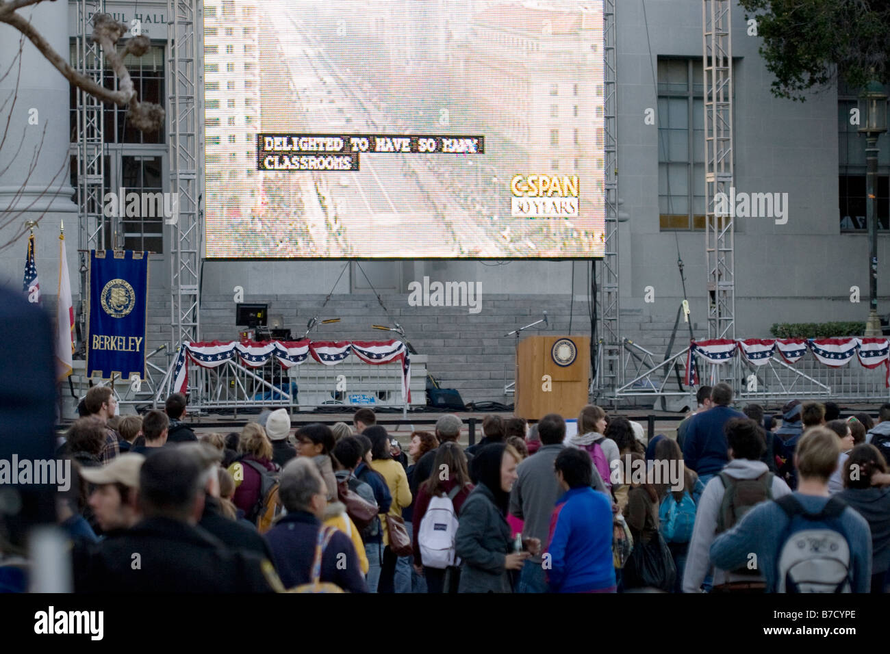 The inaugural watching crowd in front of the Sproul Hall Jumbotron at ...