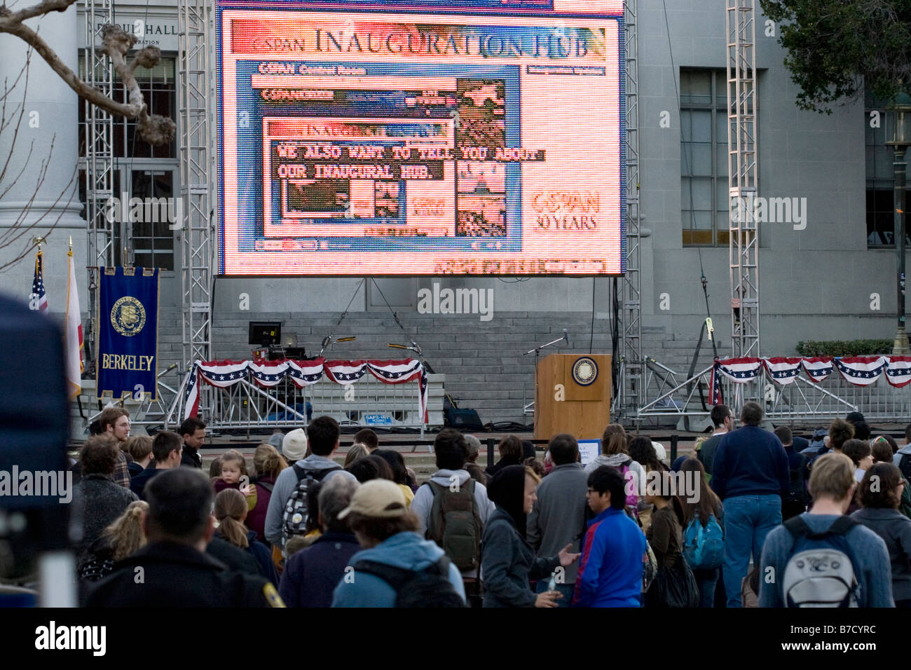 The inaugural watching crowd in front of the Sproul Hall Jumbotron at ...