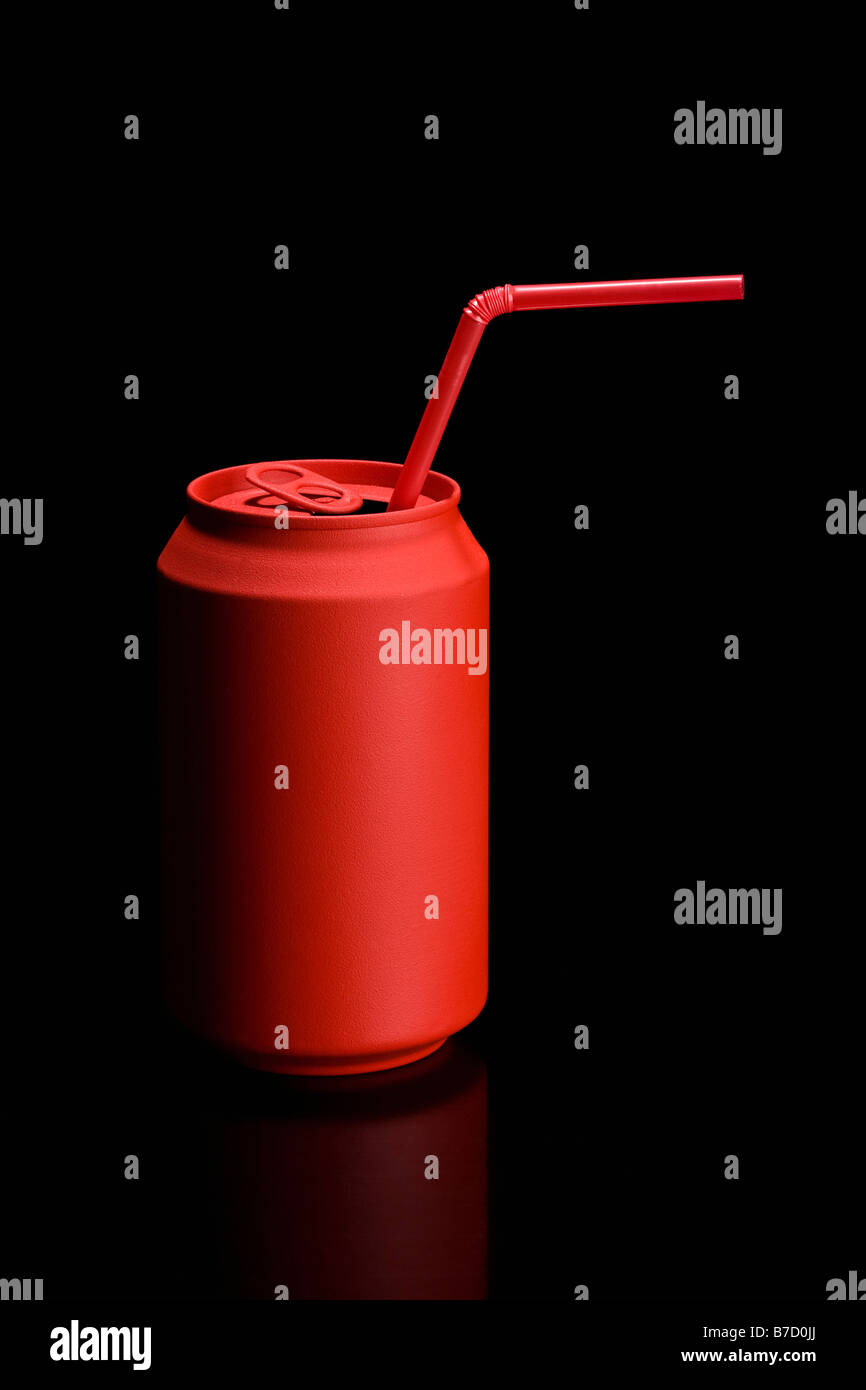 A red soda can with a red drinking straw Stock Photo - Alamy