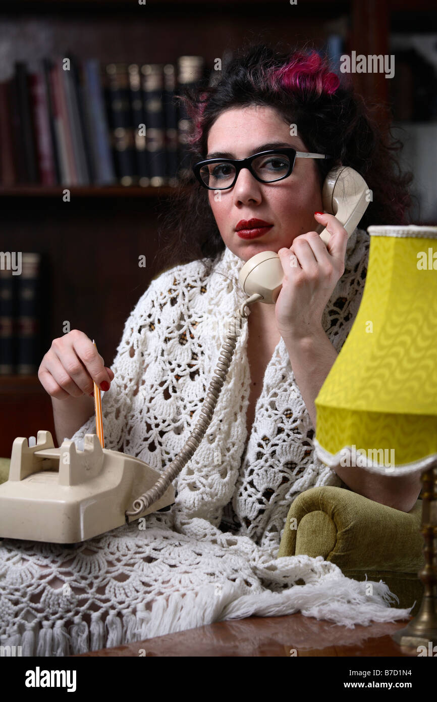 woman in retro style dress talking on the phone Stock Photo - Alamy