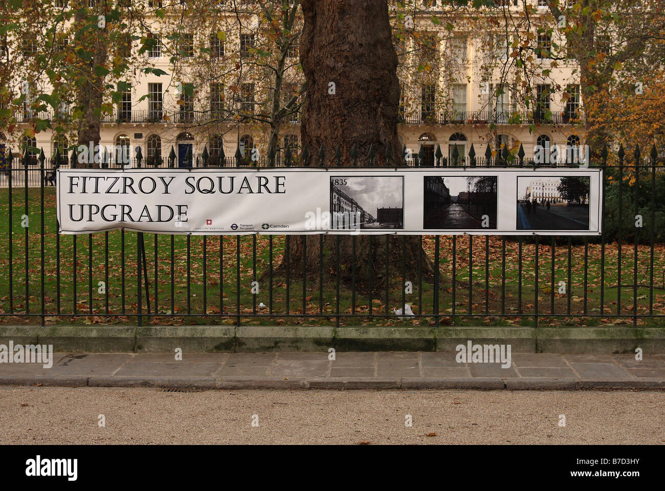 Fitzroy Square, Fitzrovia, central London, with a sign announcing ...