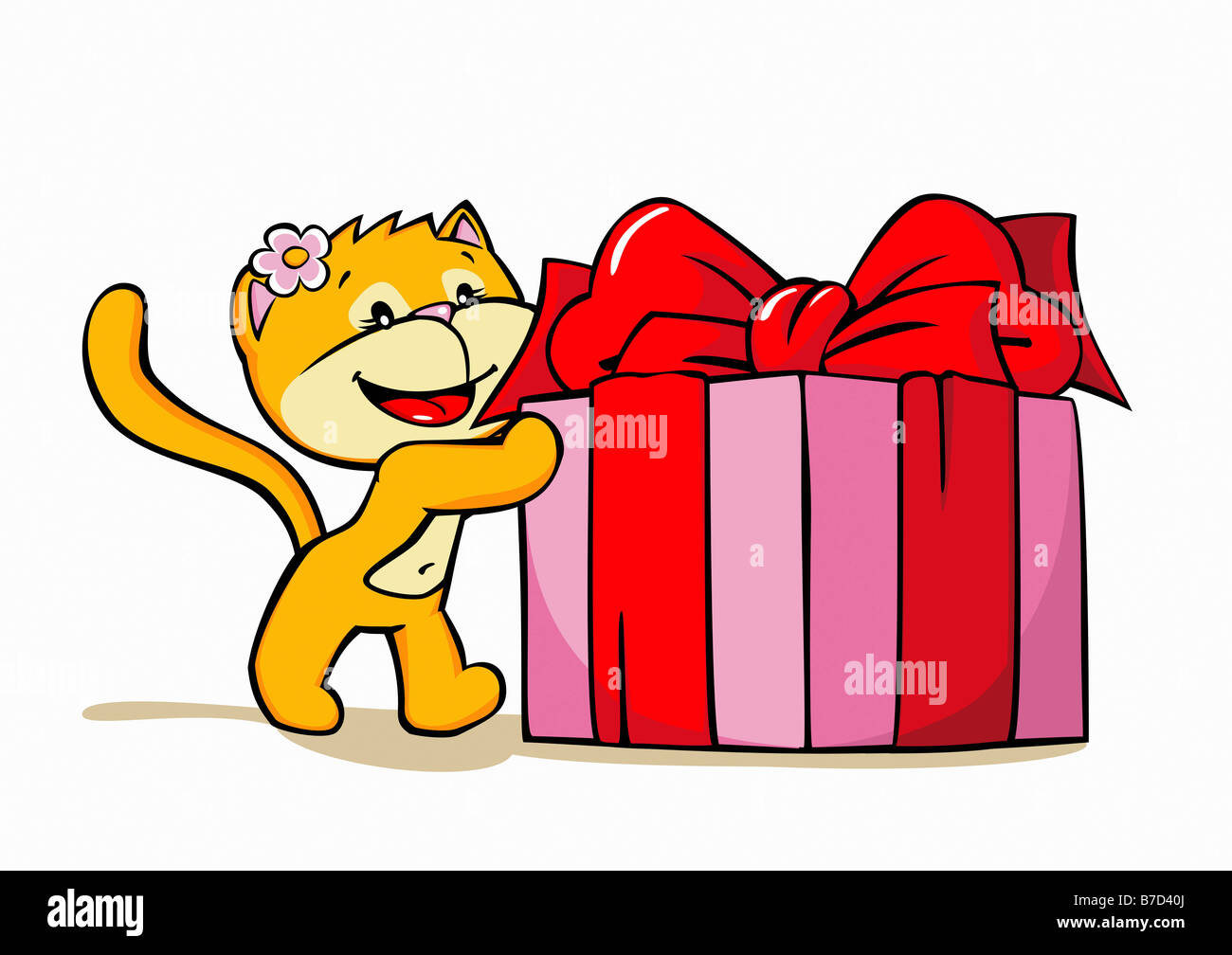 A cartoon cat holding a present Stock Photo - Alamy