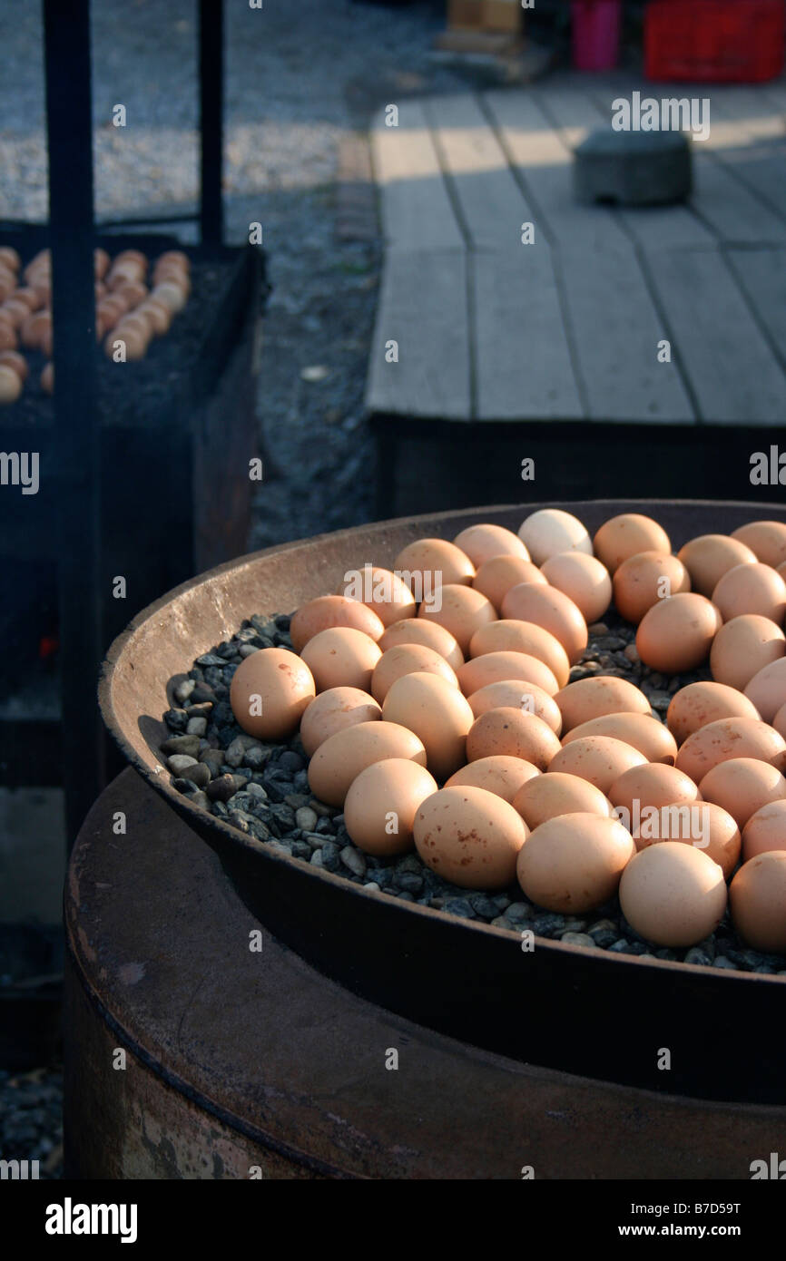 Eggs being cooked on heated volcanic rocks, Japan Stock Photo - Alamy