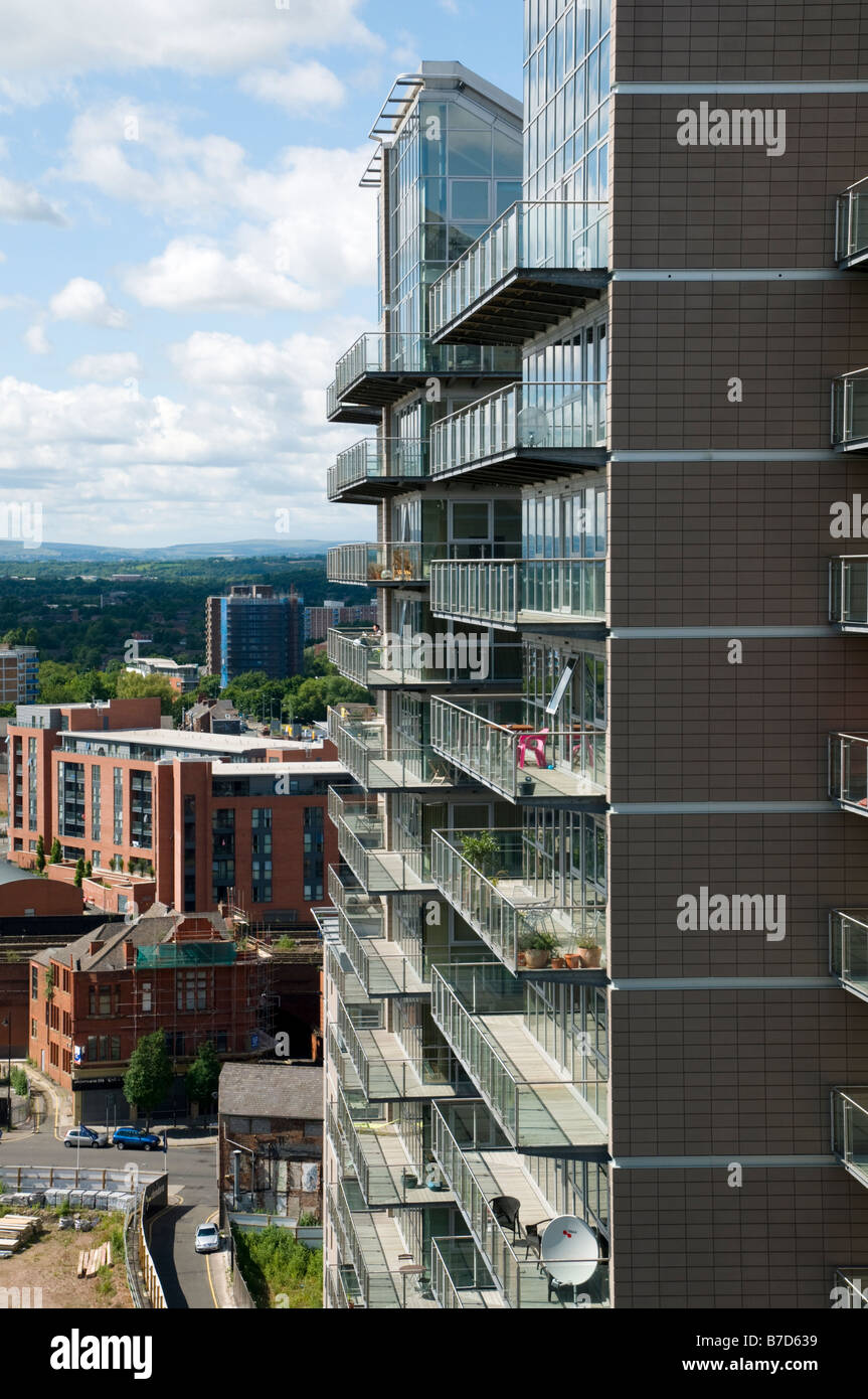 Balconies of a city centre apartment block, Manchester, England, UK ...