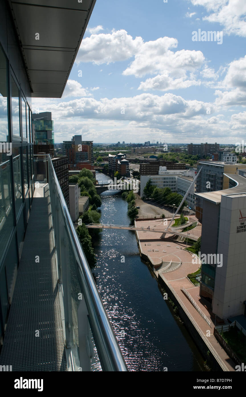 View of the river Irwell from a city centre penthouse apartment balcony ...