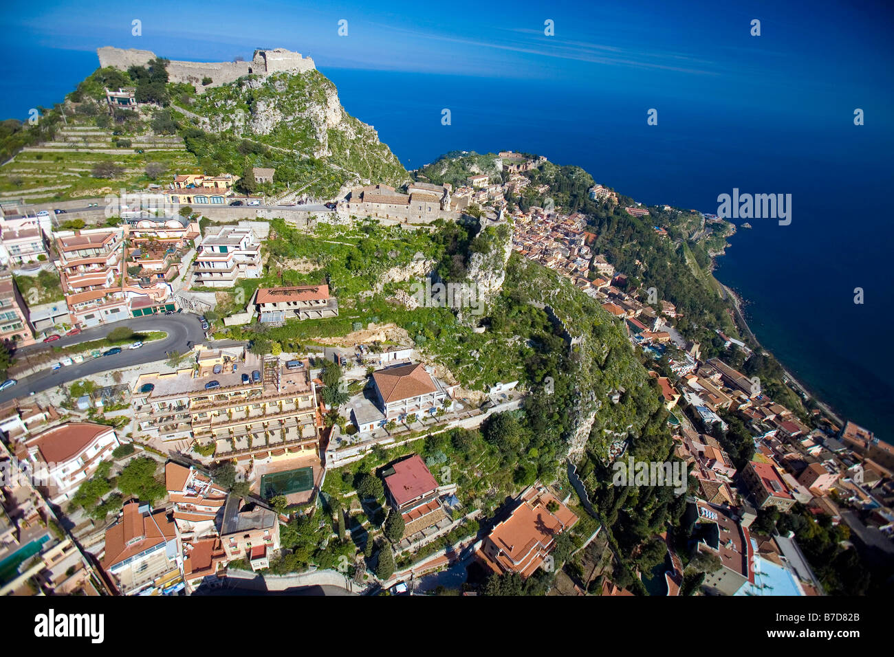 Aerial view with the castle, Taormina, Sicily, Italy Stock Photo - Alamy