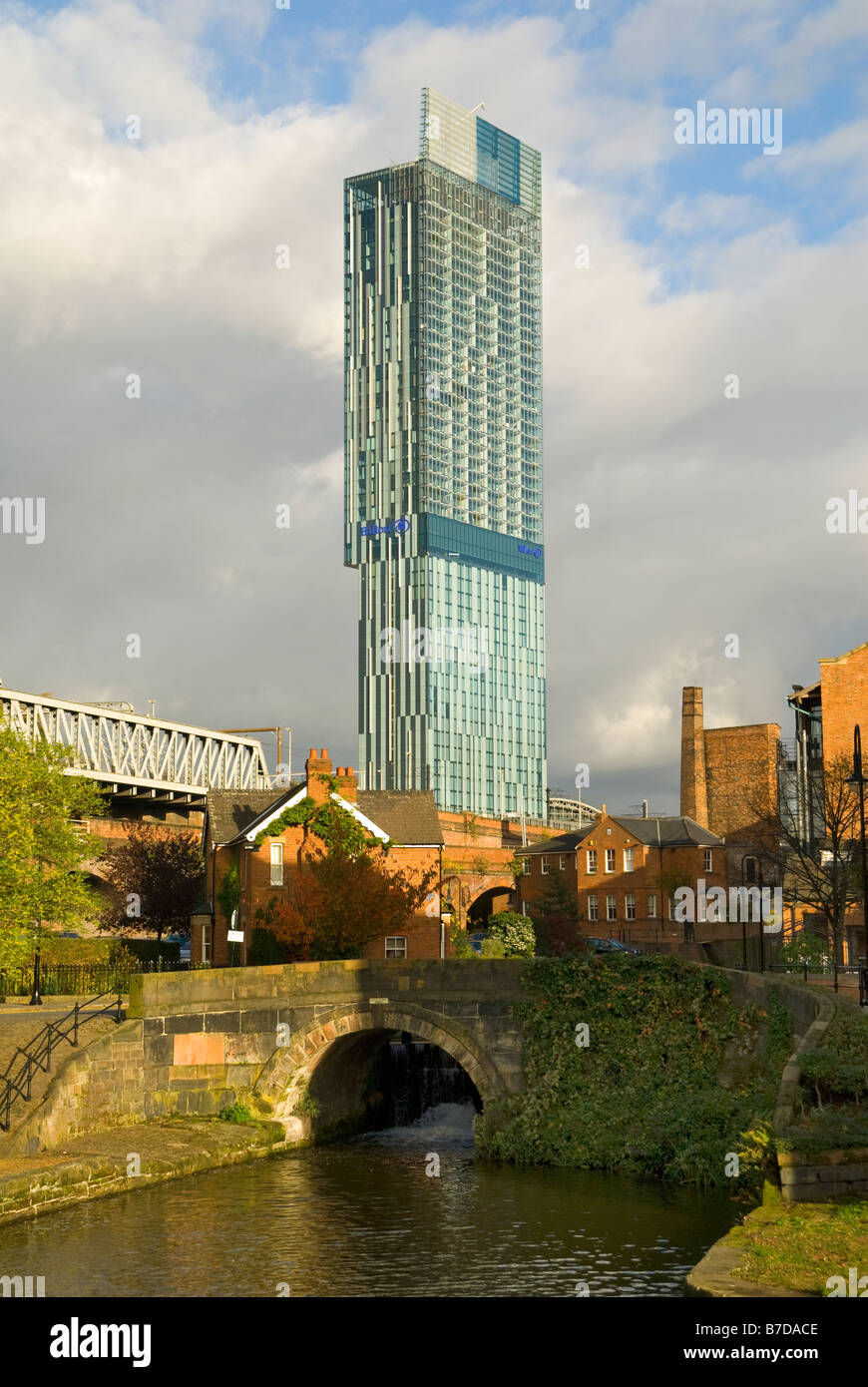 The Beetham Tower, also known as the Hilton Tower, with a canal bridge ...
