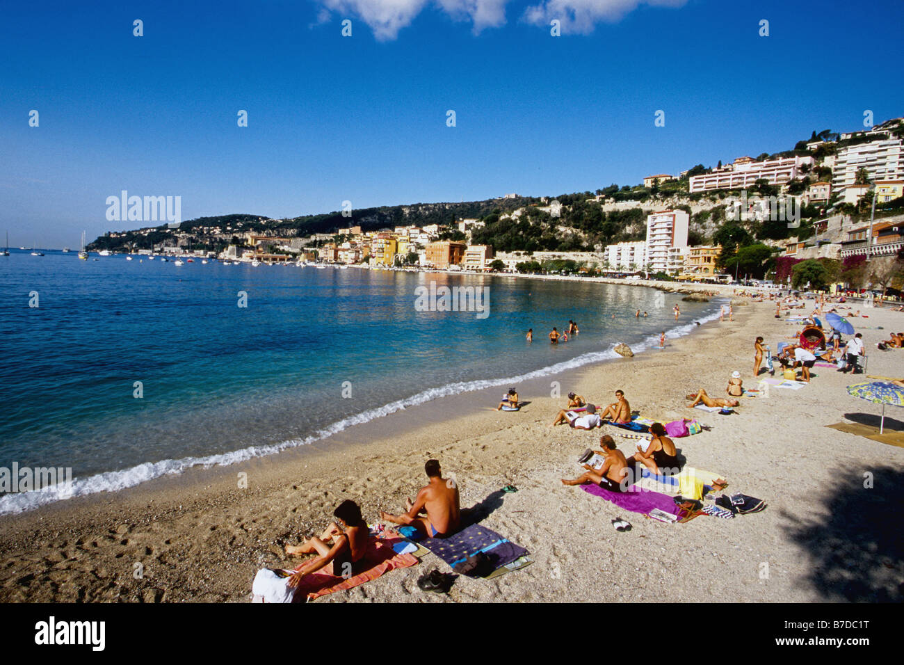 The beach of "Les Marinnieres" of the coastal village of Villefranche ...