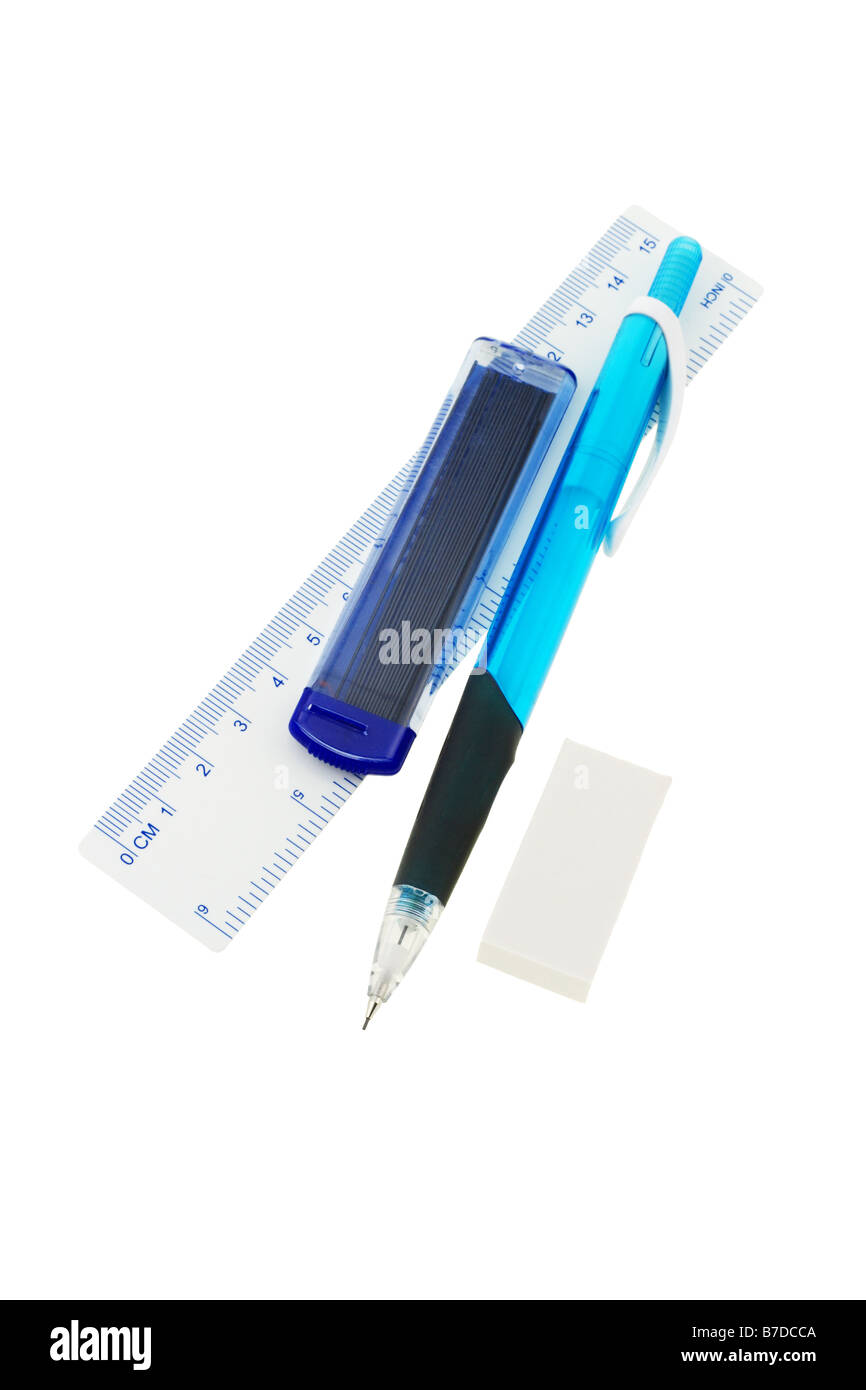 Mechanical pencil eraser ruler lead refill isolated on white background ...