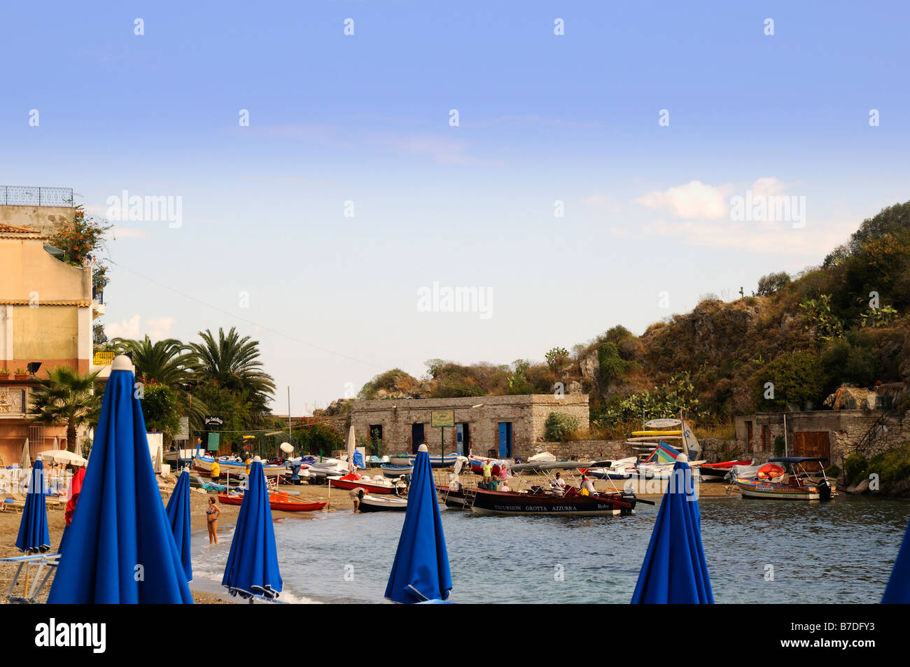 Taormina Mare or Mazzaro with Isola Bella and beach, Taormina, Sicily ...