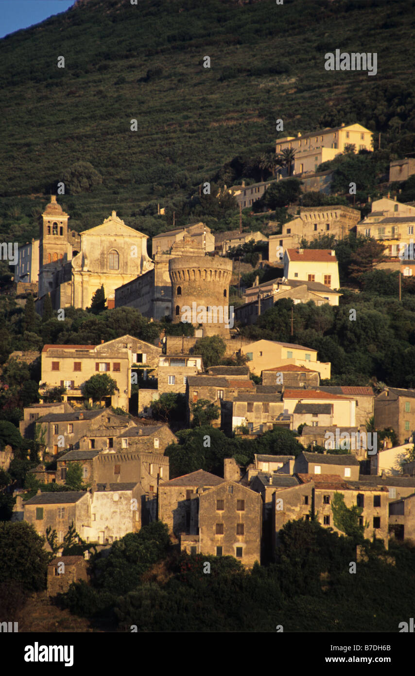Sunrise over the Village of Rogliano and its Genoese Tower, Cap Corse ...