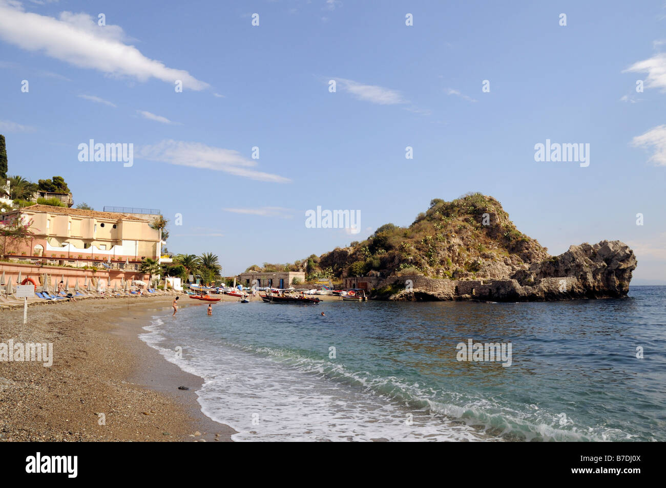 Taormina Mare or Mazzaro with Isola Bella and beach, Taormina, Sicily ...