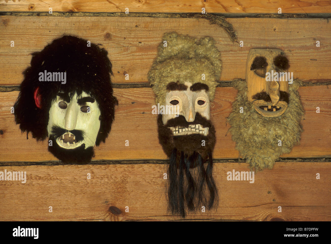 Masks displayed at barn at open air museum in Rumsiskės Lithuania Stock ...