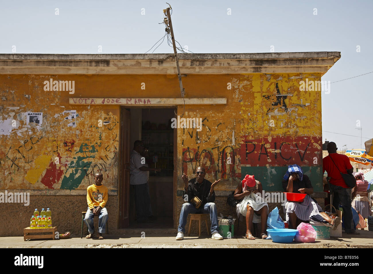 market scenery, people sitting in front of a building, Cape Verde ...