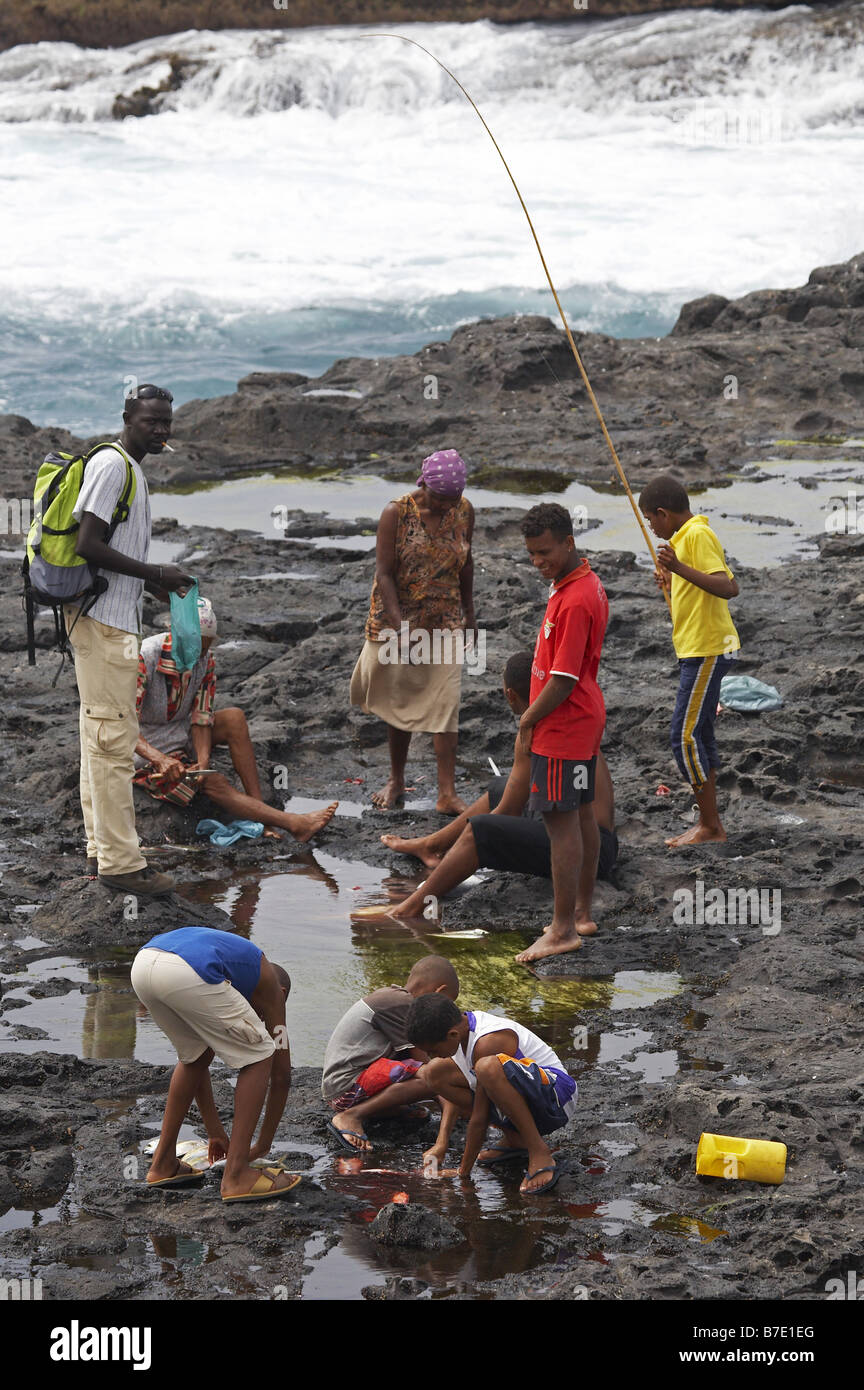 natives disembowel fishes after fishing at the harbour, Cap Verde ...