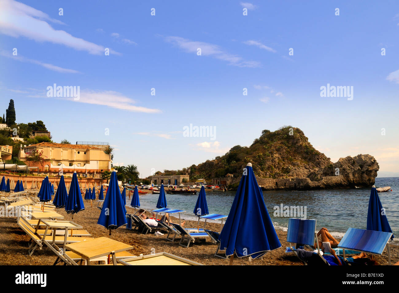 Taormina Mare or Mazzaro with Isola Bella and beach, Taormina, Sicily ...