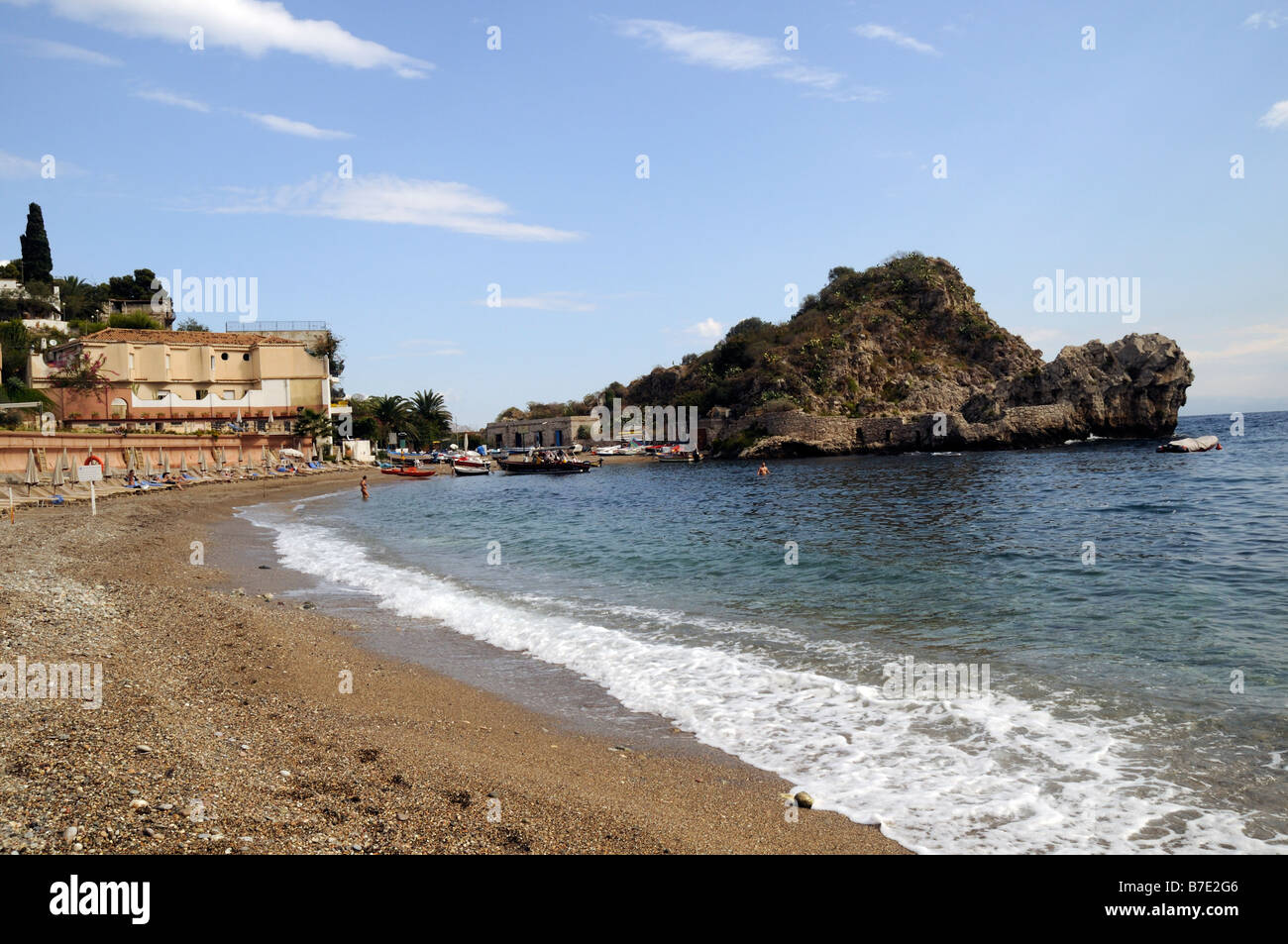 Taormina Mare or Mazzaro with Isola Bella and beach, Taormina, Sicily ...