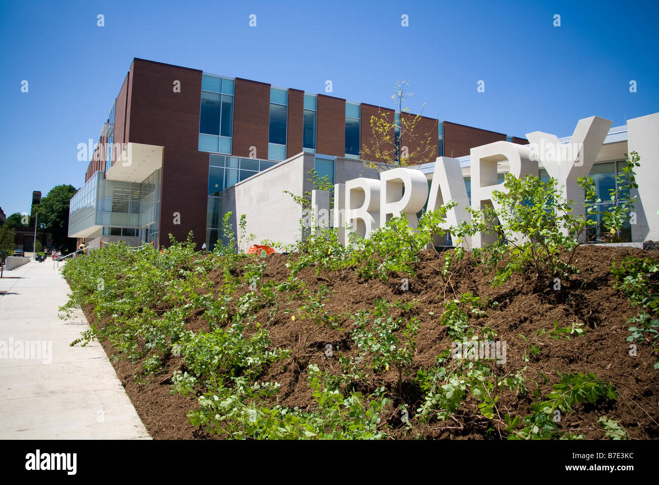 Signage in block letters for the new modern public library building in ...