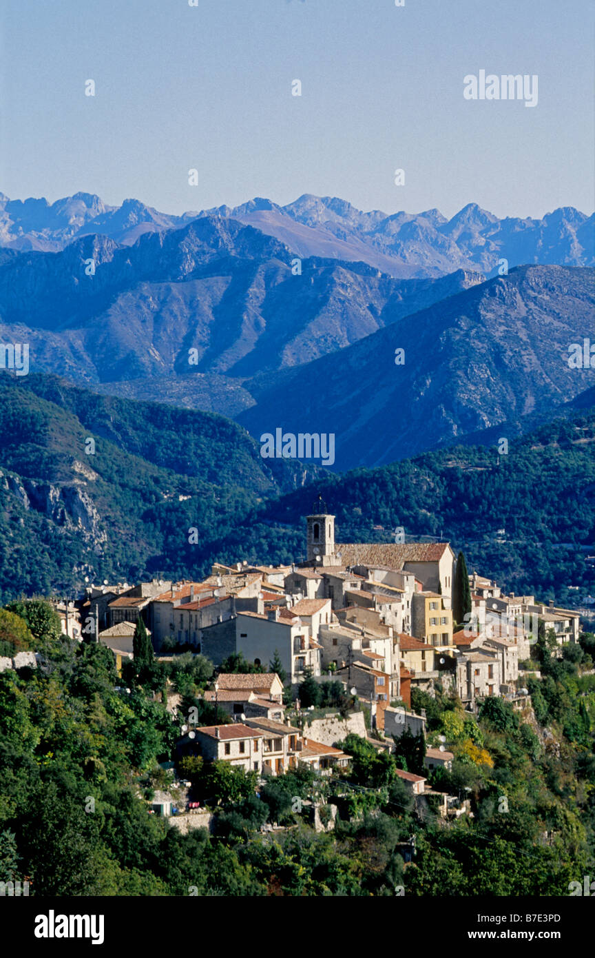 The picturesque perched village of Bouyon and the Mercantour mountain ...