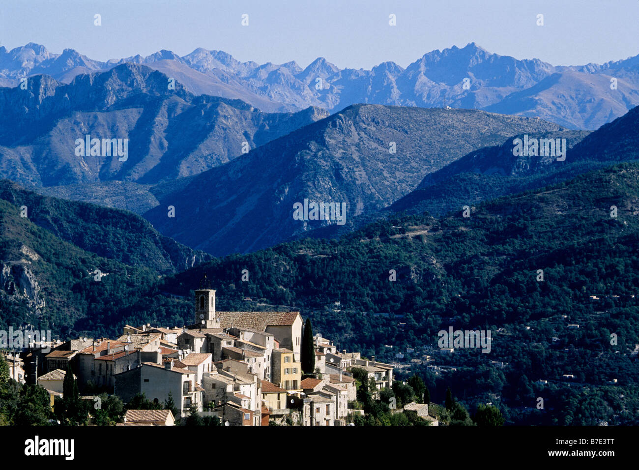 The perched village of Bouyon and the south alps mountain behind Stock ...