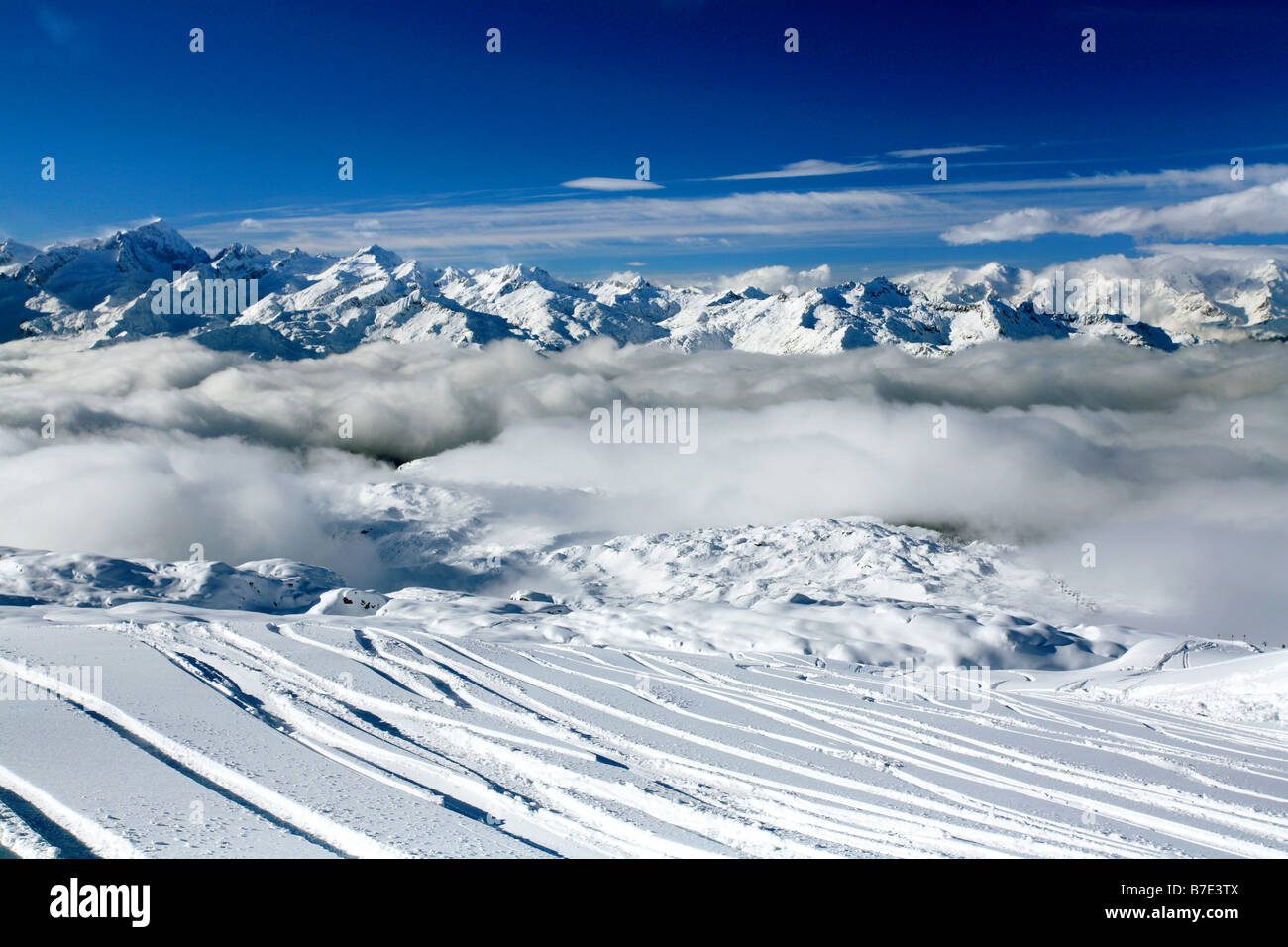 Ski marks, Landscape on Adamello Presanella chain, Dolomiti di Brenta ...