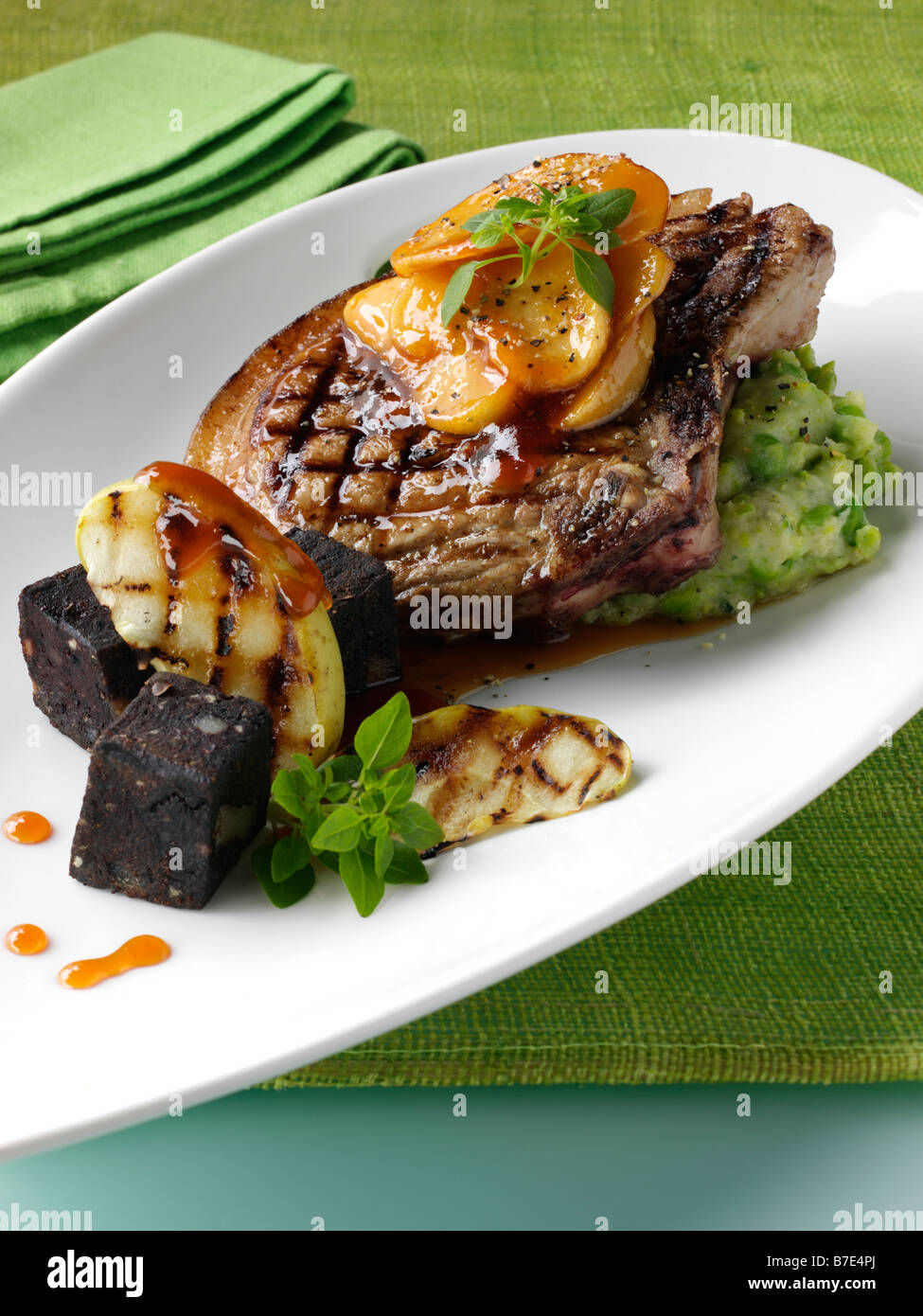 Pork chop mashed leek puree Stock Photo - Alamy