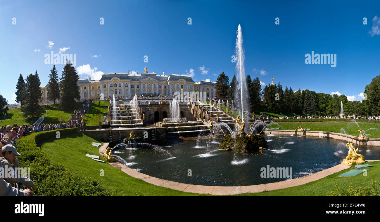 Panorama of a lower garden of Peterhof palace (St. Petersburg, Russia ...