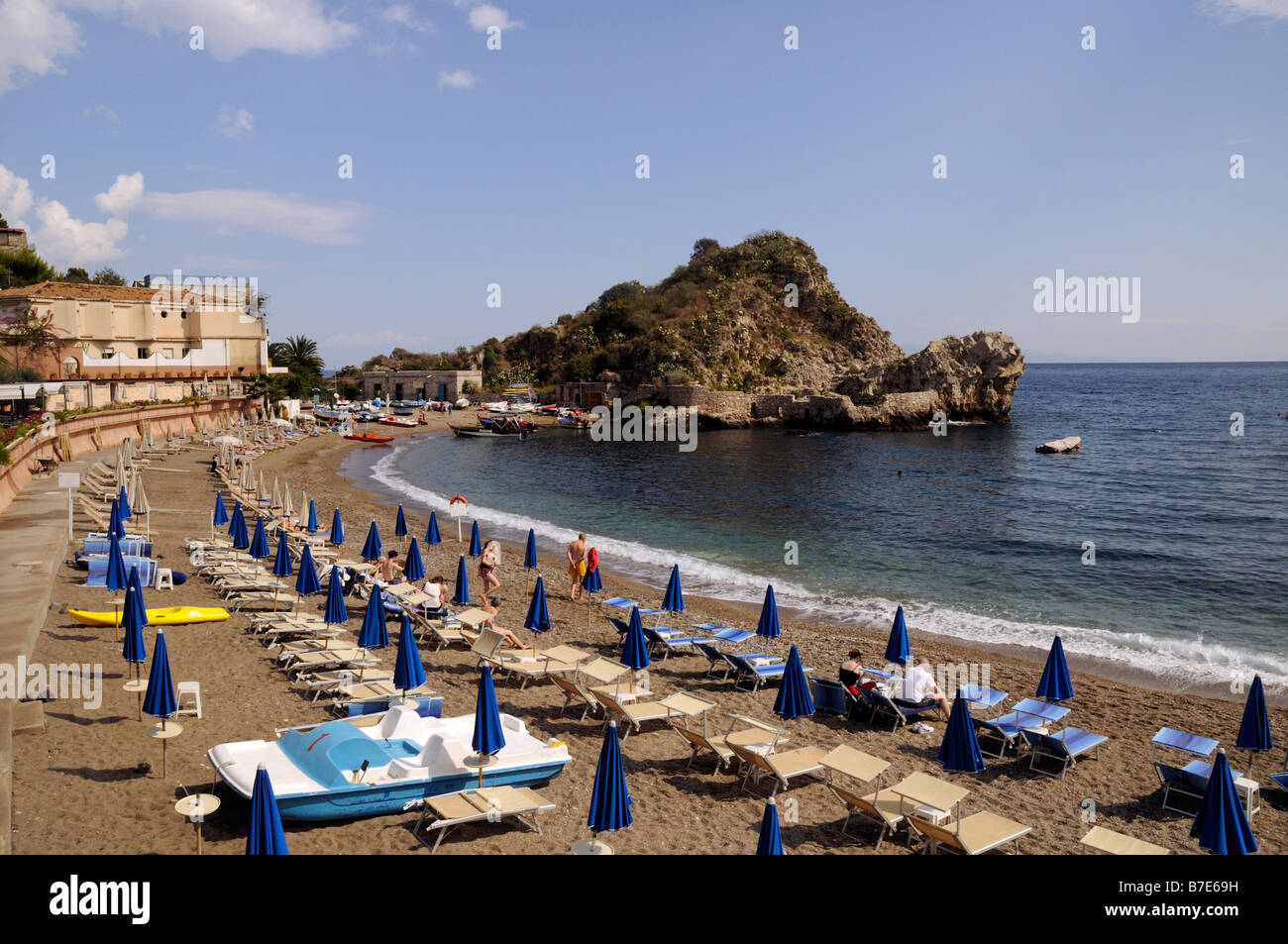Taormina Mare or Mazzaro with Isola Bella and beach, Taormina, Sicily ...