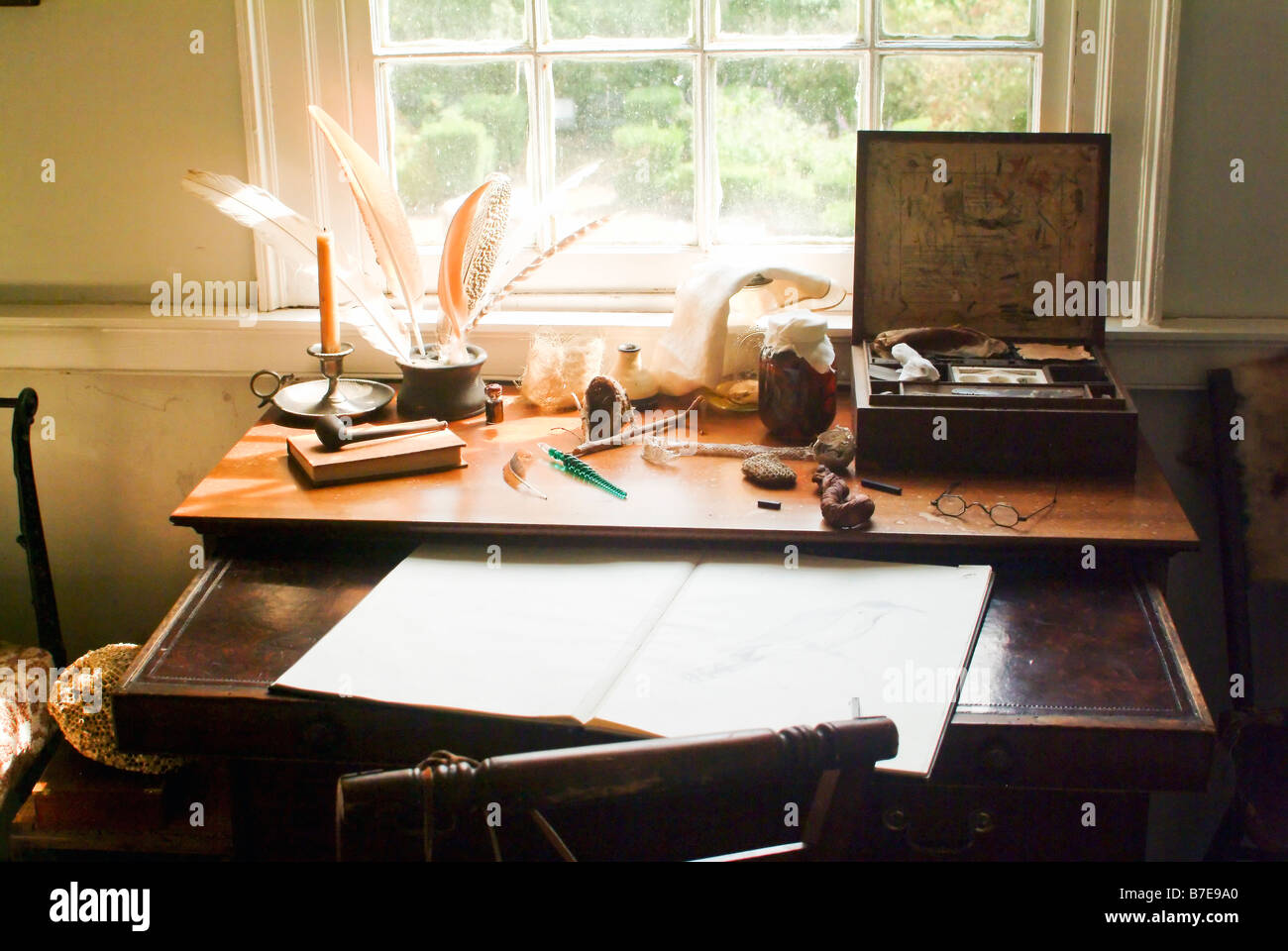 Antique sketch or drafters table with writing and drawing tools Stock ...