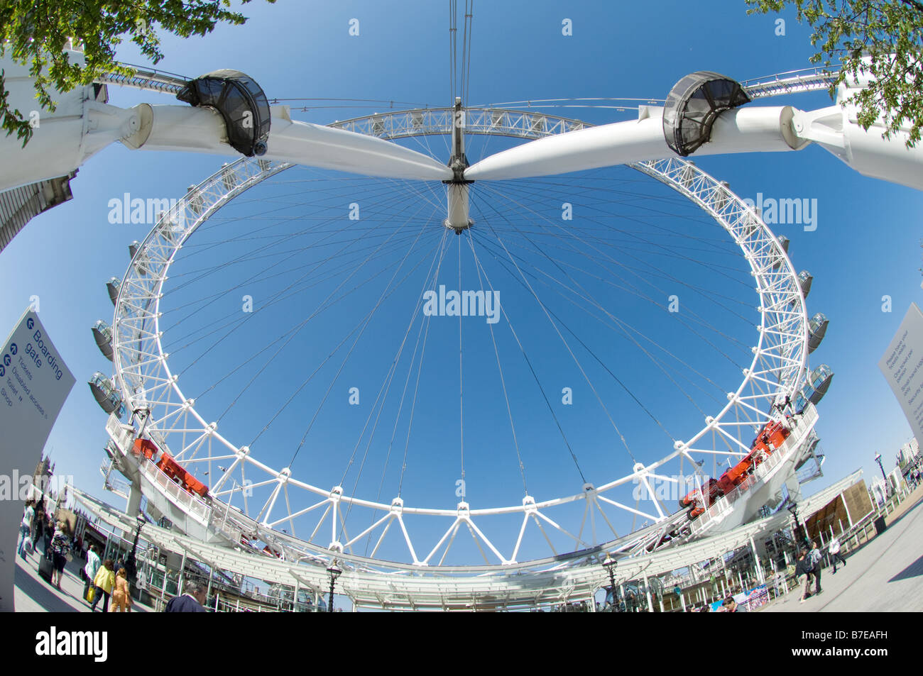 A fisheye view of the London Eye wheel showing the supports and spokes ...