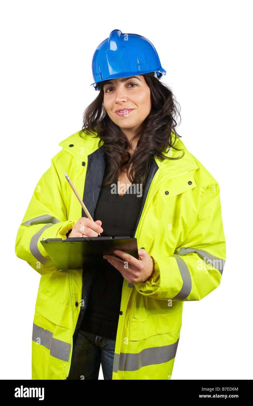 Female construction worker writing over a white background Stock Photo ...
